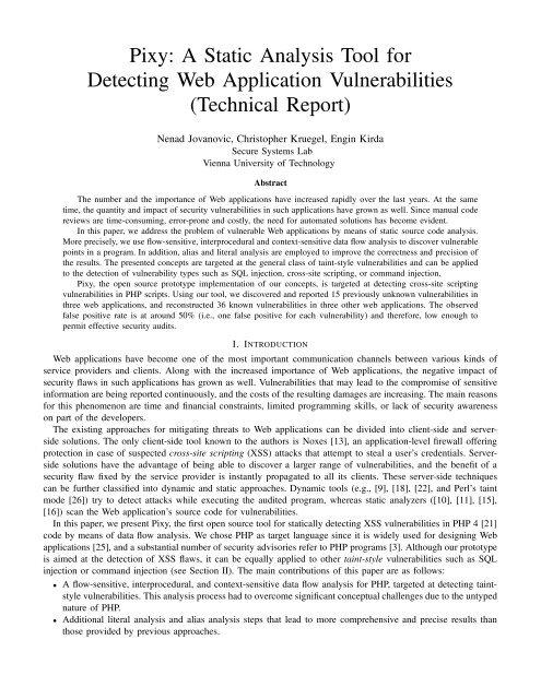 Pixy A Static Analysis Tool For Detecting Web Application