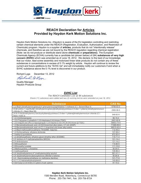 REACH Declaration for Articles Provided by Haydon Kerk Motion ...