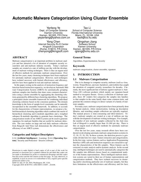 Automatic Malware Categorization Using Cluster Ensemble - Florida ... Automatic Malware Categorization Using Cluster Ensemble - Florida ...