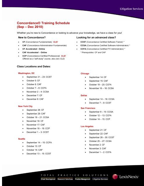 Concordance Software Training Schedule - LexisNexis