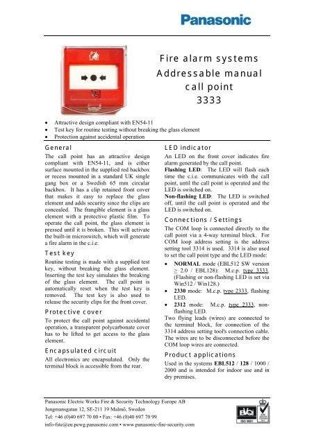 Fire alarm systems Addressable manual call point 3333 - Panasonic