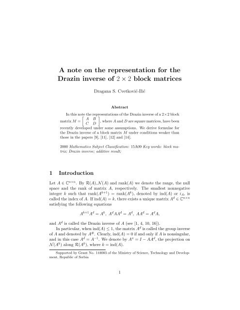 A Note Of The Representation Of The Drazin Inverse Of 2x2 Block Matrix