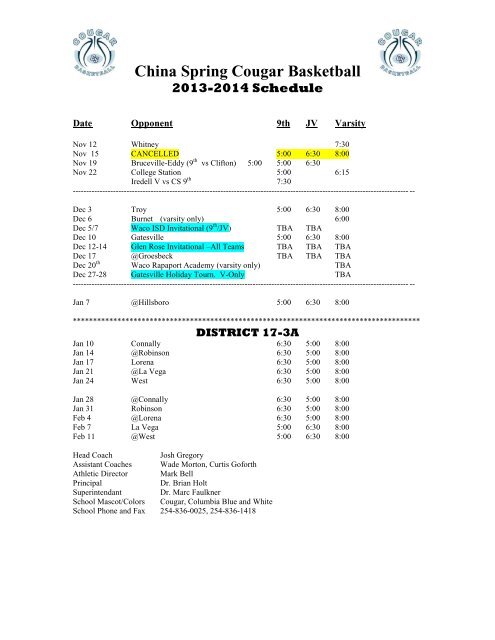 2013-2014 HS Schedule - China Spring ISD