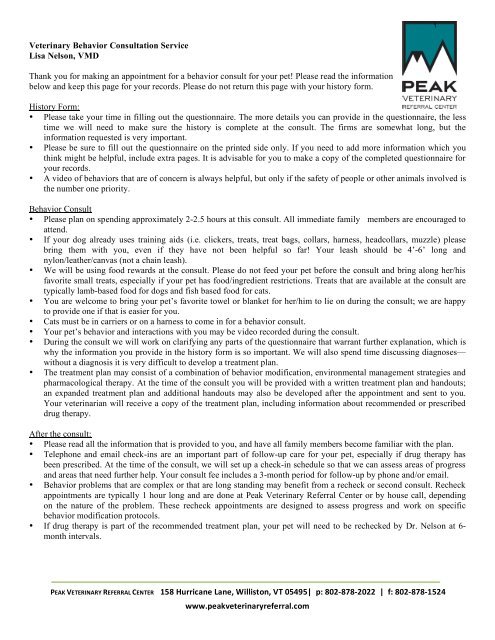 Cat Behavior History Form - Peak Veterinary Referral Center