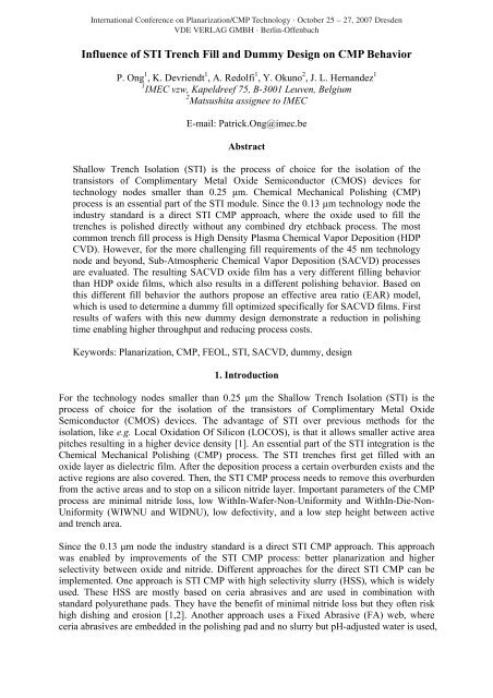 Influence of STI Trench Fill and Dummy Design on CMP Behavior