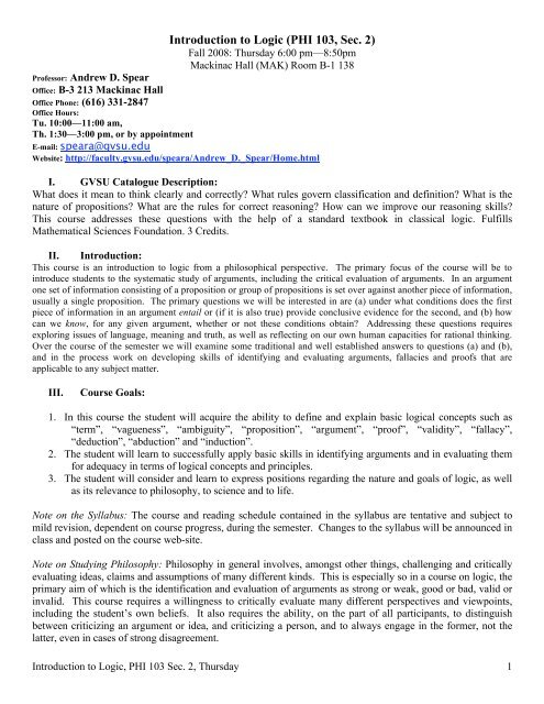 Introduction to Logic (PHI 103, Sec. 2) - Gvsu