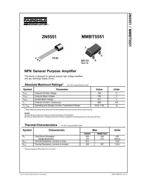 2N5551/MMBT5551 NPN General Purpose Amplifier