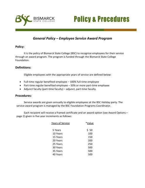 Employee Service Award Program - Bismarck State College