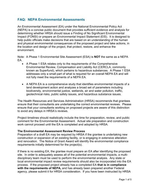 FAQ: NEPA Environmental Assessments - HRSA