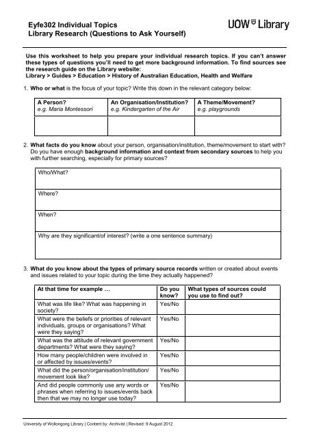 Eyfe302 Library research worksheet - University of Wollongong