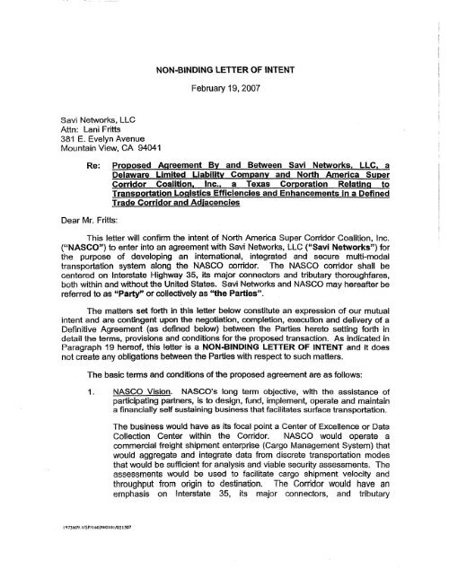 NASCO Non Binding Letter Of Intent Feb 07