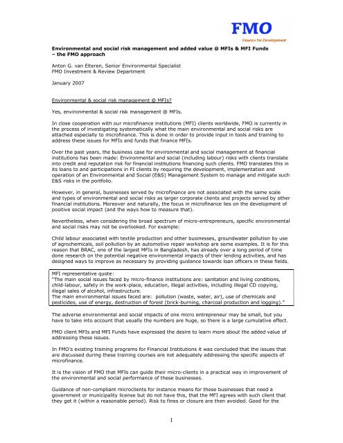 Environmental and social risk management and added value ...