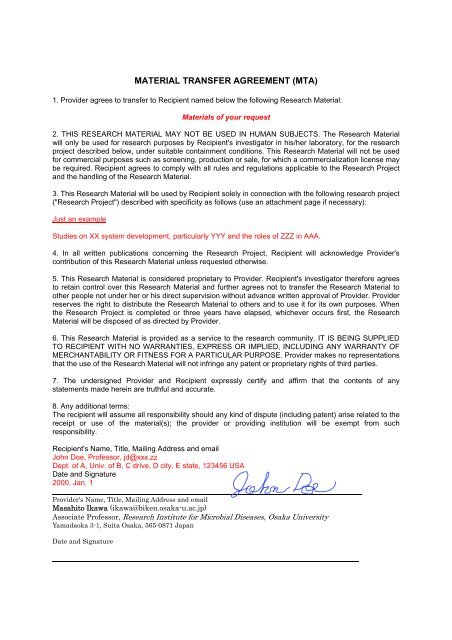 MATERIAL TRANSFER AGREEMENT (MTA) - Osaka University