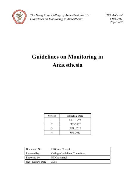 College Guidelines on Monitoring in Anaesthesia - The Hong Kong ...