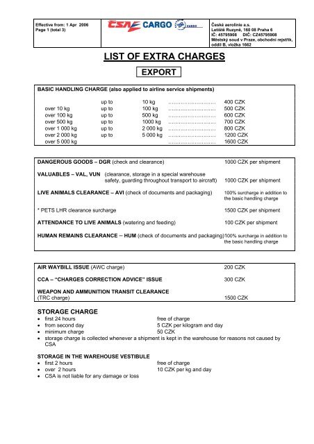LIST OF EXTRA CHARGES