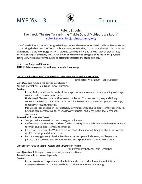MYP Year 3 Drama - Le Jardin Academy