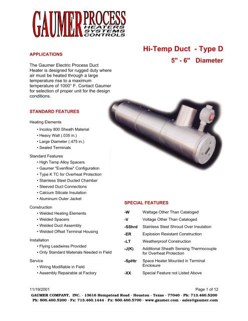 Gaumer High Temp Duct Heater - Type D, 5"-6"" Diameter (12 pages ...