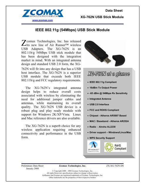 IEEE 802.11g (54Mbps) USB Stick Module - Zcomax