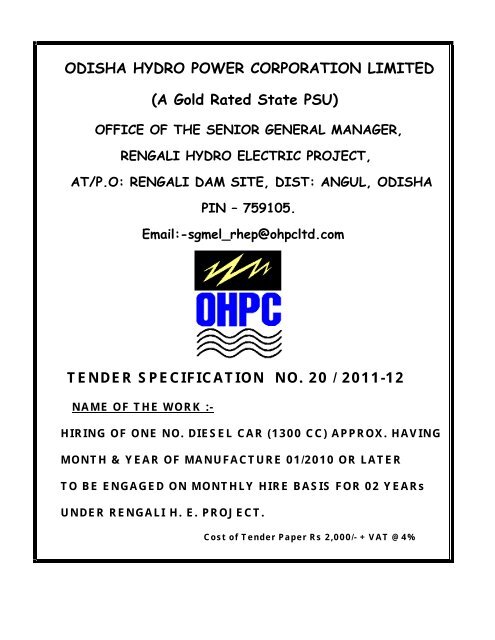 TENDER SPECIFICATION NO. 20 / 2011-12 - Odisha Hydro Power ...