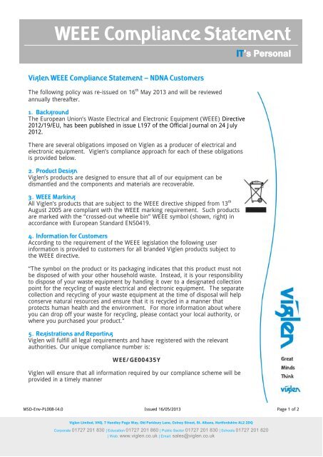 WEEE Compliance Statement - NDNA Customers - Viglen