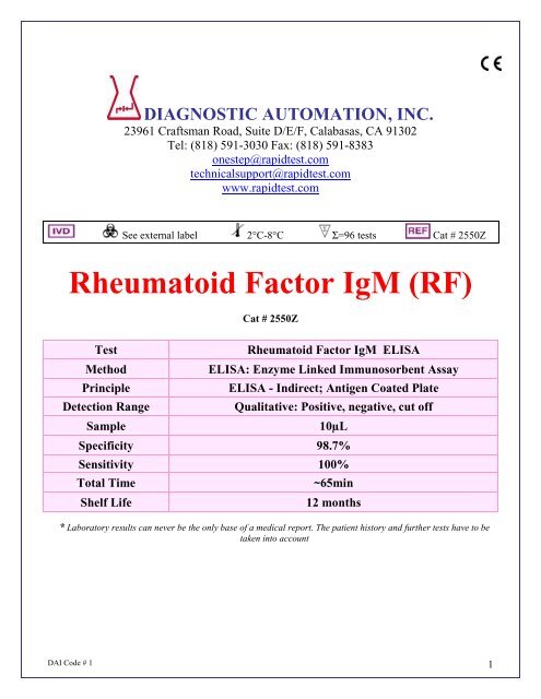 Rheumatoid Factor IgM (RF) - ELISA kits - Rapid tests