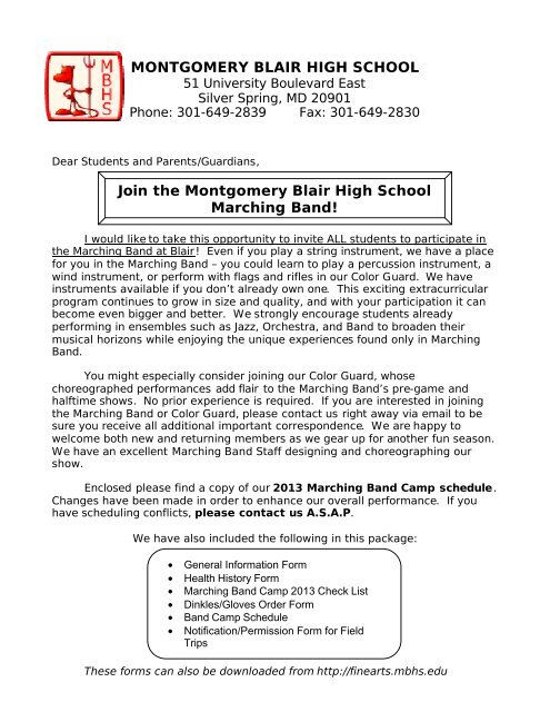 Marching Band Welcome Letter - Fine Arts - Montgomery Blair High ...