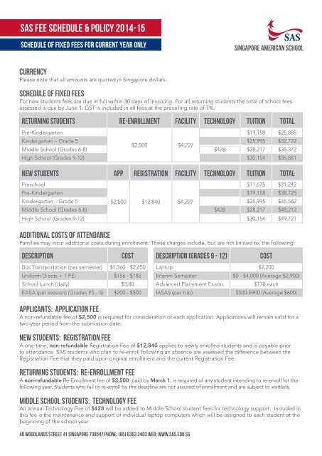 Fee Schedule Singapore American School Fee Schedule Singapore American School
