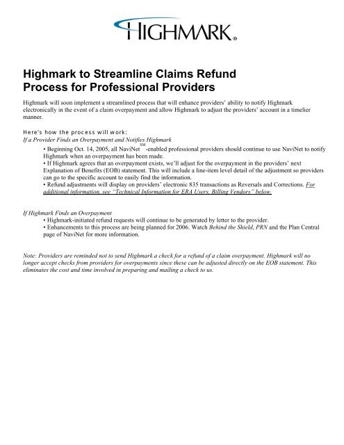 Highmark to Streamline Claims Refund Process for Professional ...