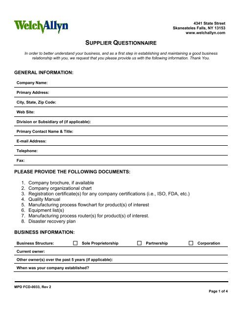SUPPLIER QUESTIONNAIRE - Welch Allyn