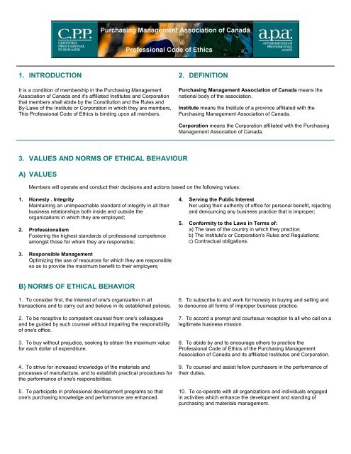 1. introduction 2. definition 3. values and norms of ethical behaviour ...