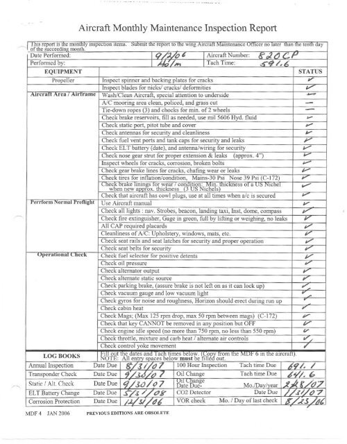 Aircraft Monthly Maintenance Inspection Report - Longwebs.org