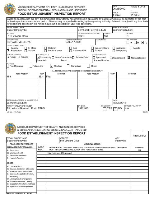 food establishment inspection report food ... - Andy's Web Tools