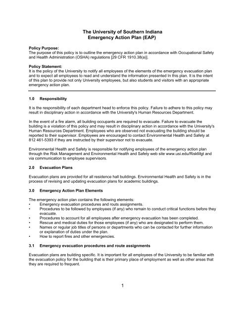 1 The University of Southern Indiana Emergency Action Plan (EAP)