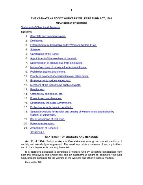 the karnataka toddy workers' welfare fund act, 1981 - [dpal.kar.nic.in ...