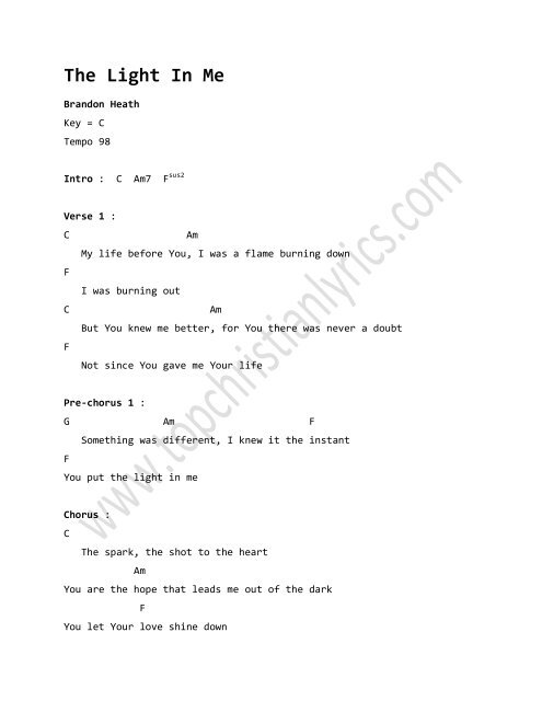 The Light In Me chords Ã¢Â€Â“ Brandon Heath - Christian Lyrics