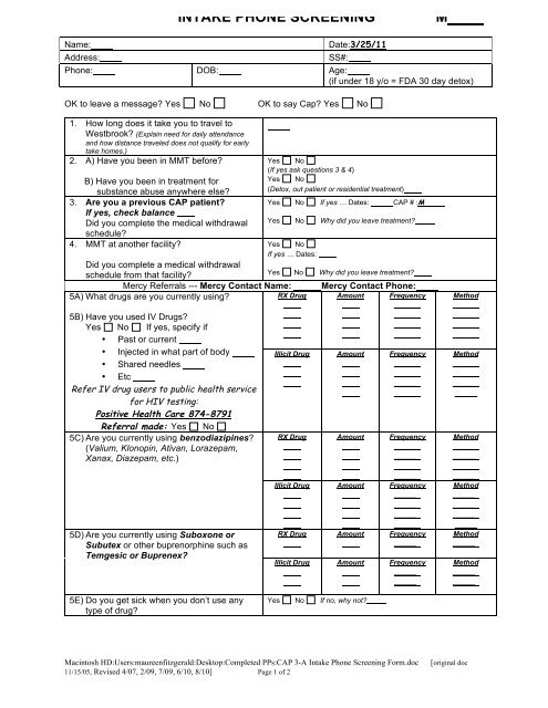 CAP - 3-A Intake Phone Screening Form - NIATx