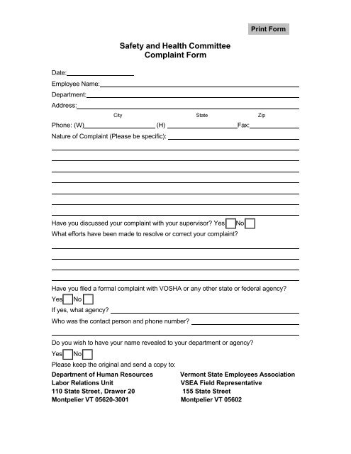 Safety and Health Committee Complaint Form - Department of ...