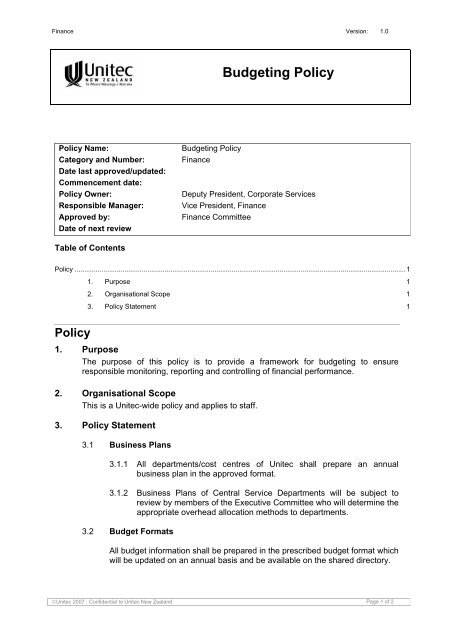 Budgeting Policy - Unitec Policies and Procedures