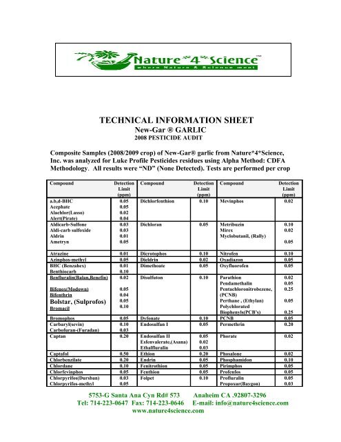 TECHNICAL INFORMATION SHEET - Nature *4* Science
