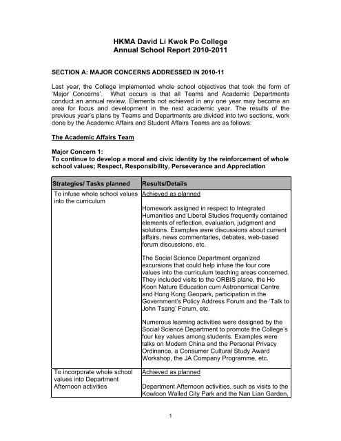 HKMA David Li Kwok Po College Annual School Report 2010-2011
