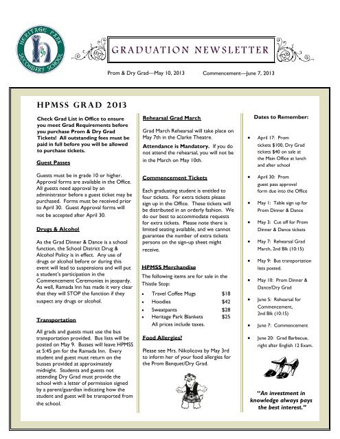 GRADUATION NEWSLETTER - Heritage Park Secondary School
