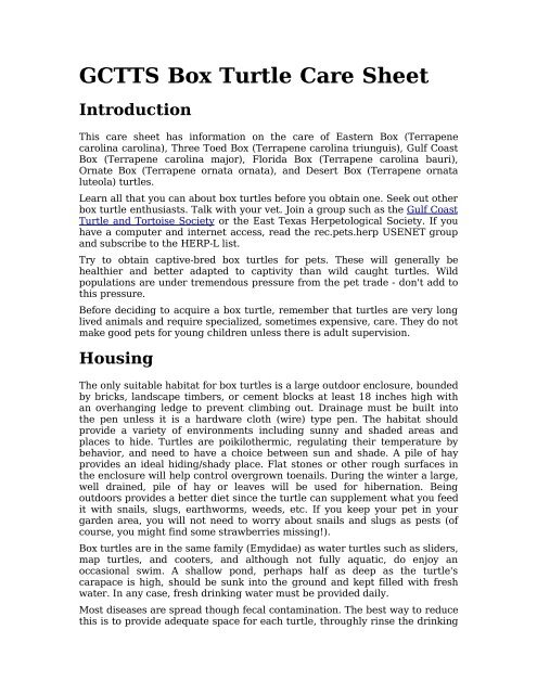 GCTTS Box Turtle Care Sheet - Gulf Coast Turtle and Tortoise Society