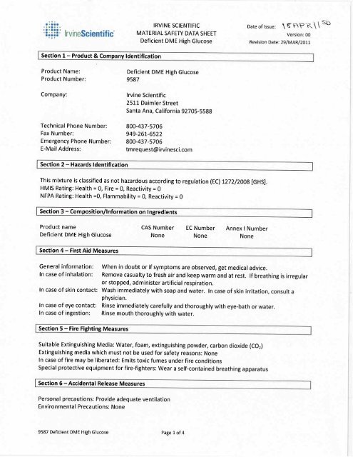 Deficient DME High Glucose Powder - MSDS - Irvine Scientific