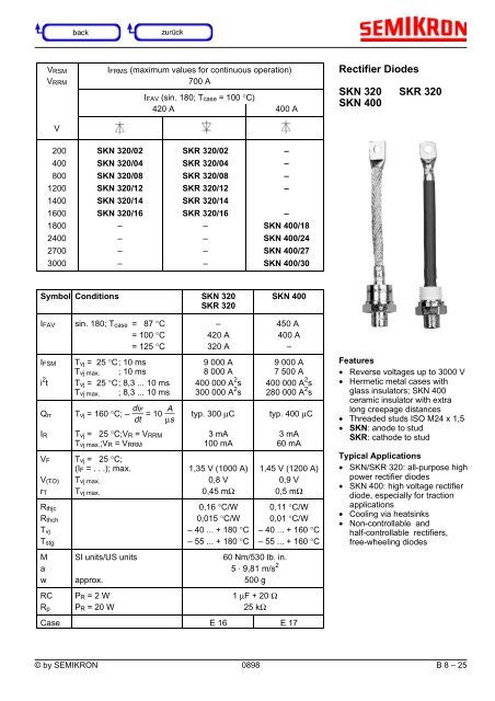Rectifier Diodes SKN 320 SKR 320 SKN 400