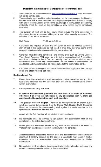 Important Instructions for Candidates of Recruitment Test