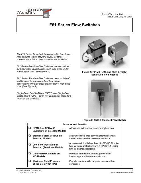 F61 Series Flow Switches Product/Technical Bulletin - Johnson ...