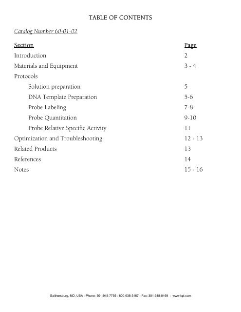 TABLE OF CONTENTS Catalog Number 60-01-02 Section ... - KPL