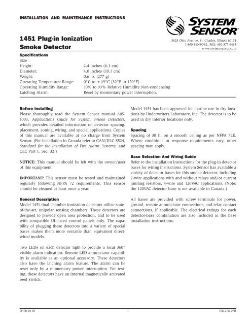 1451 Plug-in Ionization Smoke Detector - System Sensor Canada