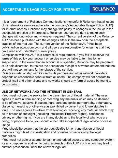 Acceptable Usage Policy - Reliance Communications