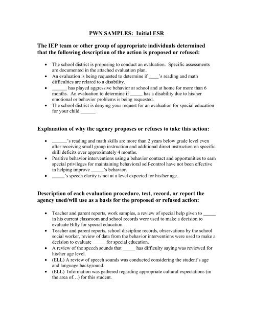 PWN SAMPLES: Initial ESR The IEP team or ... - Special Education